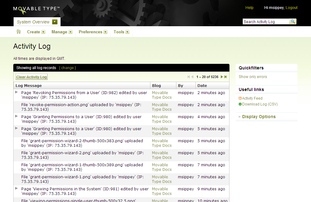 MovableType Documentation Monitoring Your System Activity Log